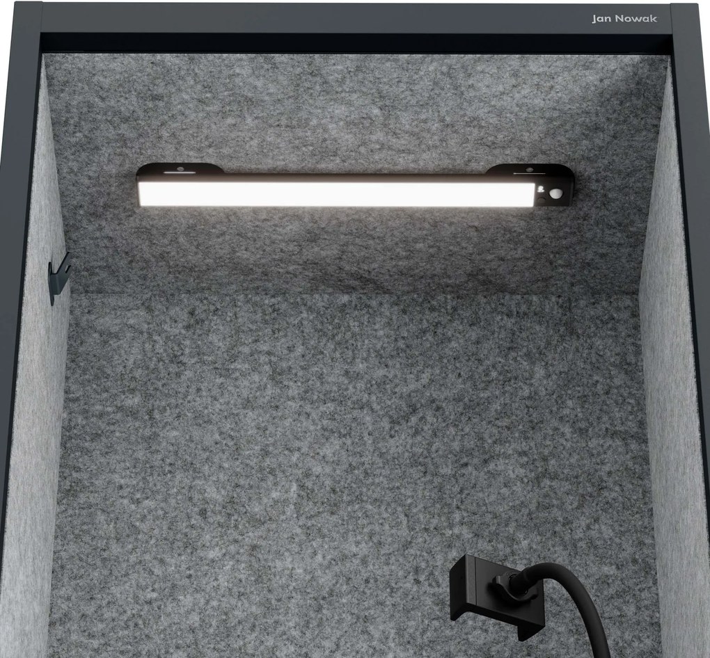 Kancelářská akustická kabina se sedátkem a USB-C portem, korpus antracitový / sedák šedá, 600 mm: SALLY MentalBox