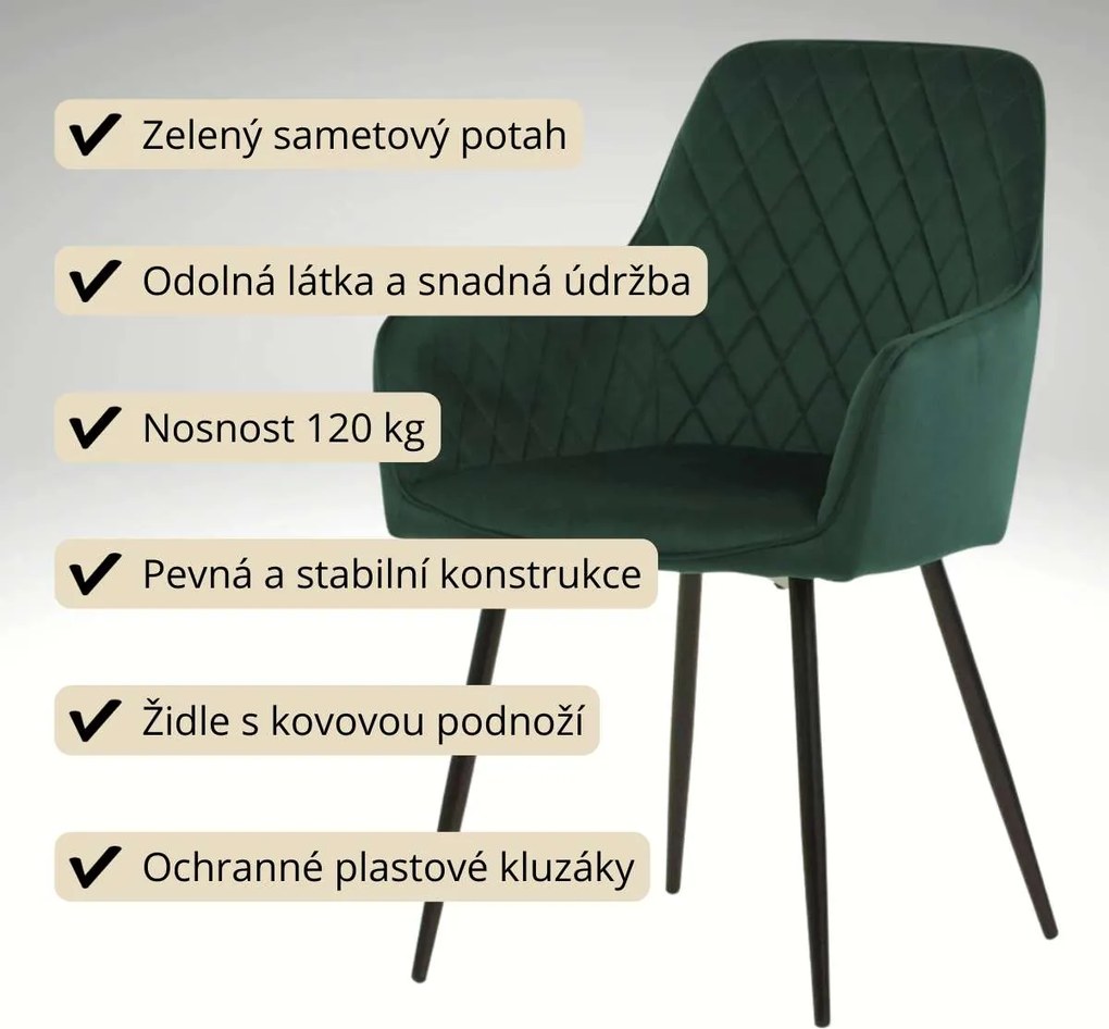 Vikio Jídelní set pro 6 osob 180x90 cm soft dub noha X zelená židle s područkami VJS228-6Z