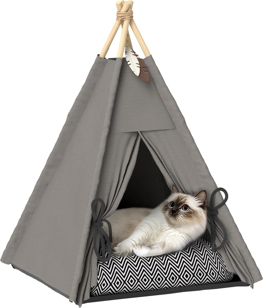 Teepee stan PawHut pro domácí zvířata, kočičí stan s vyjímatelným a pratelným polštářem, kočičí dům s protiskluzovým dnem, hračka na hraní, pro kočky