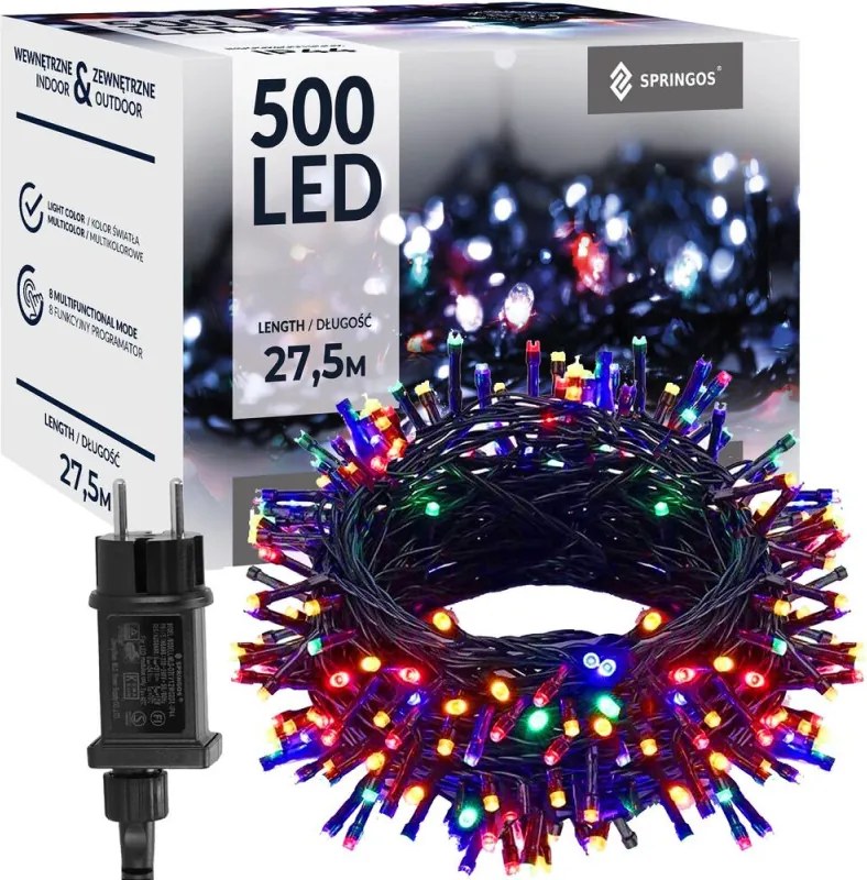 LED světelný řetěz - 27,5m, 500LED, 8 funkcí, paměť, IP44, multicolor
