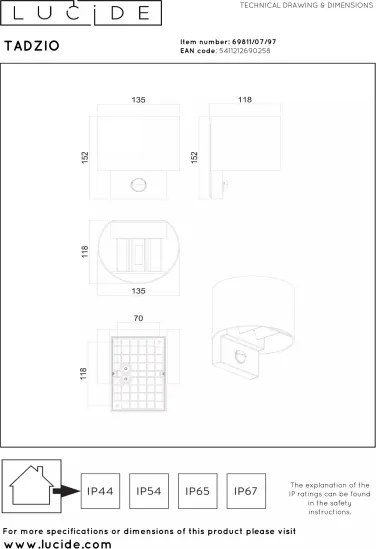 Lucide 69811/07/97-LED Venkovní svítidlo se senzor pohyb TADZIO LED/7W/230V IP65