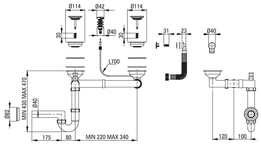 Deante Deante, prostorově úsporný-sifon pro granitové kuchyňské dřezy 1,5/2-komorové, 3,5" s automatickou zátkou odpadu, chromová, ZXY_9973