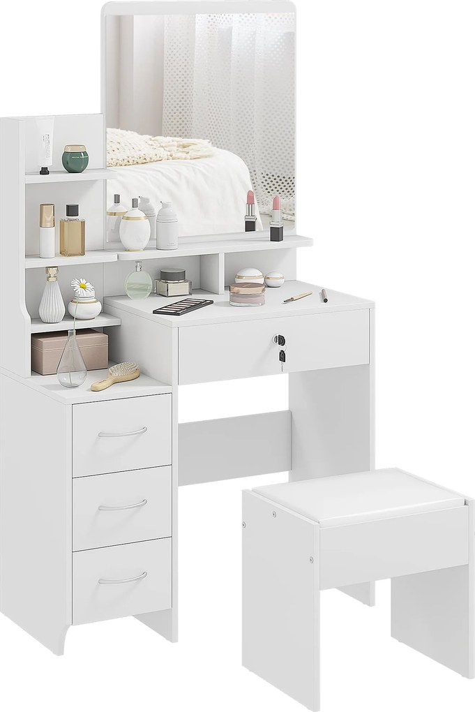 HOMCOM Toaletní stolek s taburetem a zrcadlem, toaletní stůl se 4 zásuvkami, 4 úložnými prostory, moderní styl, 80x38x143 cm Bílá | Aosom