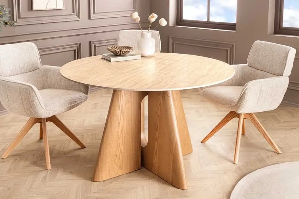 Kulatý keramický jídelní stůl Yenibeth 120 cm travertin / dub