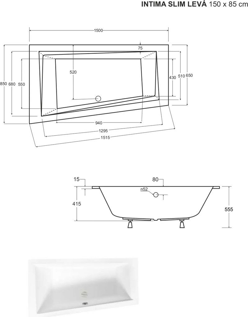 Besco Intima Slim asymetrická vana 150 x 85 cm levá akrylát bílá VANINTI15SLIML