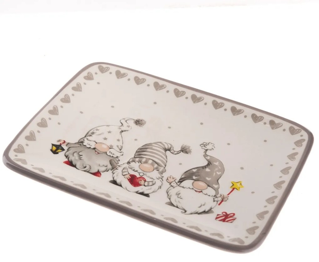 Vánoční keramický talíř Skřítci 20 x 15,3 cm, šedá