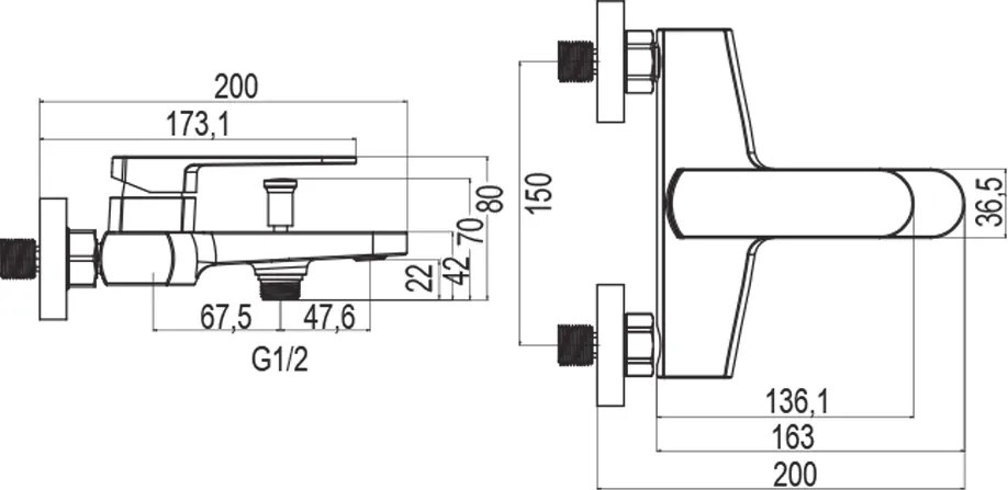 Mereo Mereo, Vanová nástěnná baterie, Mada, 150 mm, bez příslušenství, chrom, CBQ90103M