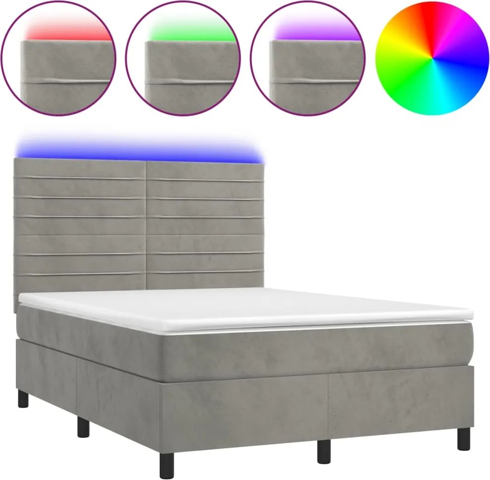 Box spring postel s matrací a LED světle šedá 140x190 cm samet 3136179