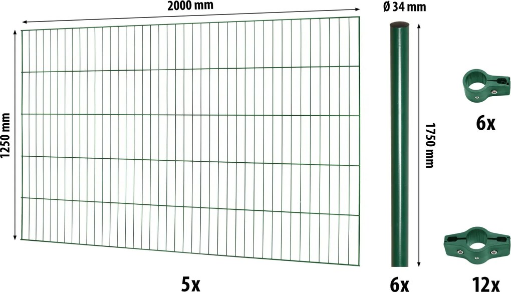Floraworld Sada drátěných plotových panelů se sloupky, zelená, 125 cm x 10 m