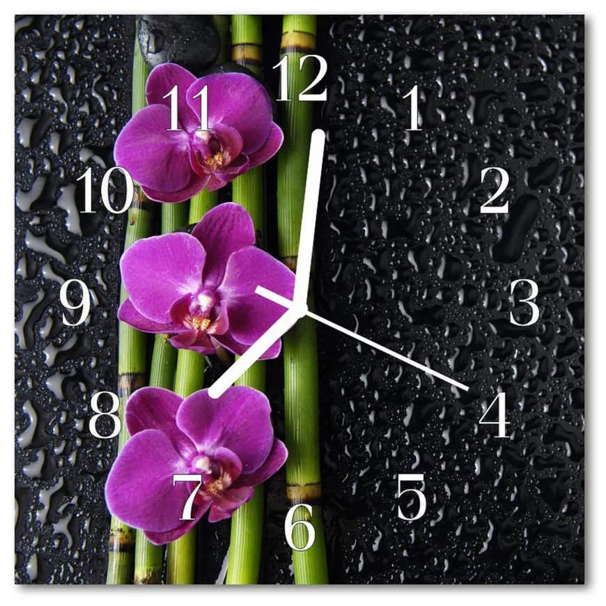 Nástenné skleněné hodiny orchidej 30x30 cm