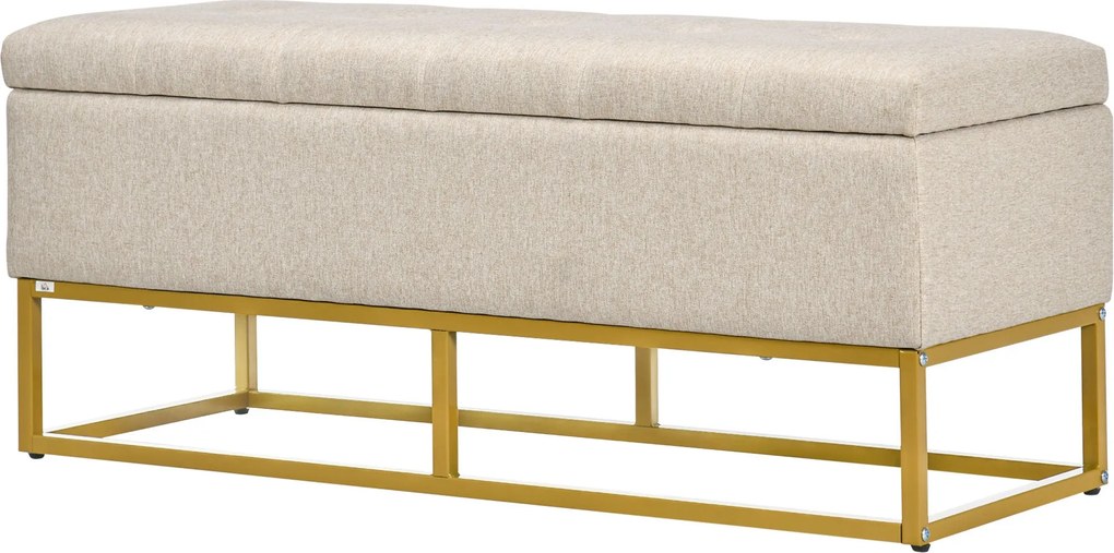 HOMCOM Úložná Ottomanka s čalouněním ze syntetického lnu s odklápěcím víkem a ocelovými nohami do obývacího pokoje 110x44x48 cm Béžová