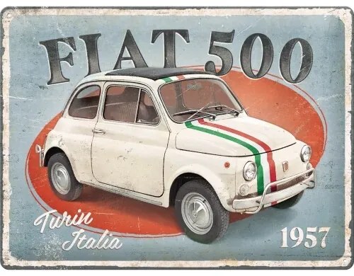 Plechová cedule Fiat 500 - Turin Italia, (40 x 30 cm)