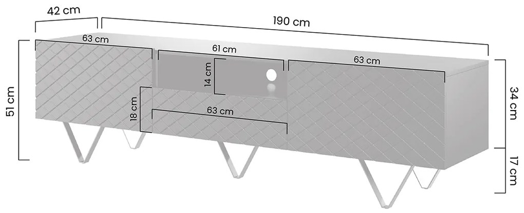 TV stolek Scalia 190 cm s výklenkem - bílý mat / černé nožky