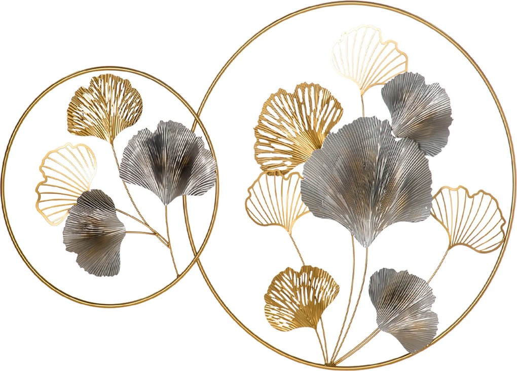 HOMCOM 3D Kovová Nástěnná Dekorace, Zlaté Nástěnné Umění s Listy Ginkgo ve Dvou Kulatých Rámcích, 102x66,2 cm, Zlatá a Stříbrná | Aosom