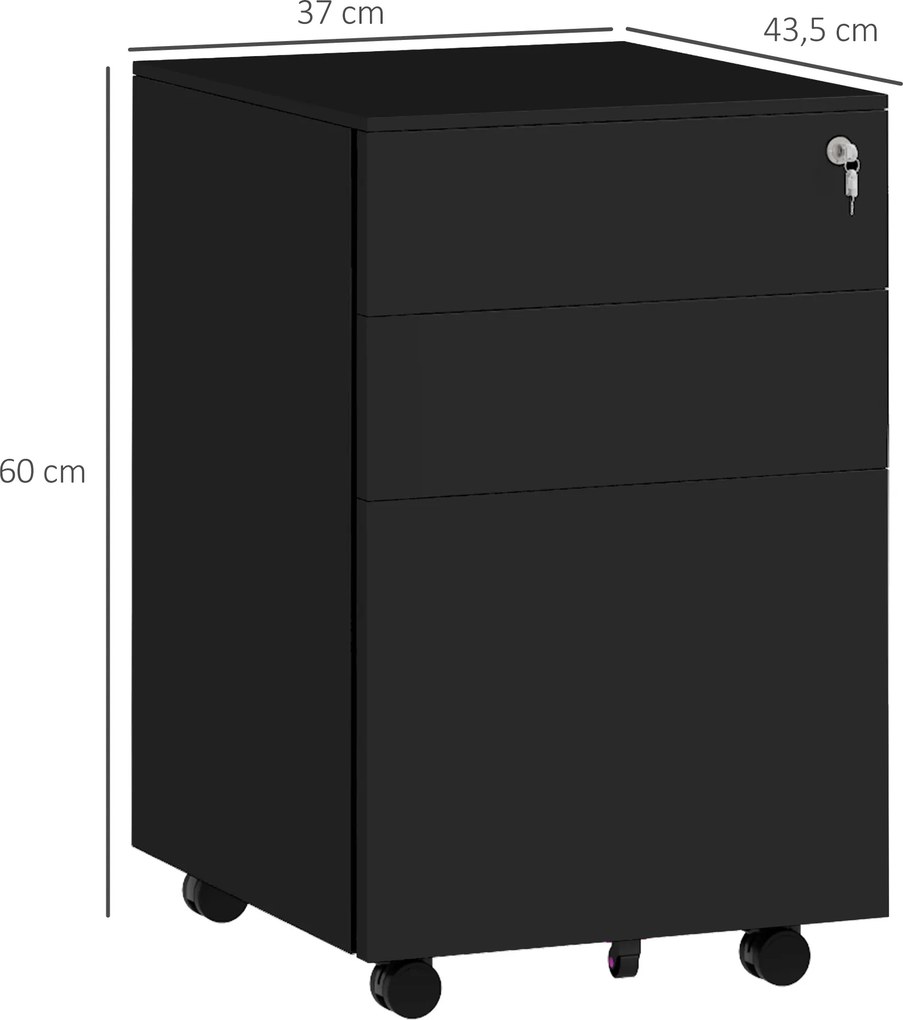 Vinsetto skříň na dokumenty uzamykatelná se zásuvkami 37L x 43,5W x 60H cm pojízdná s brzdami 3stupňová nastavitelná ocelová tyč černá | Aosom.de