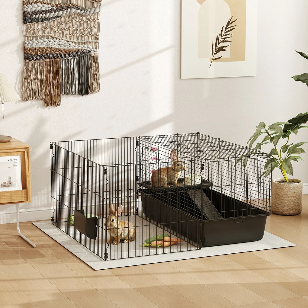 Bouda PawHut pro malá zvířata s výběhem, 112,5L x 99W x 54H cm, s lahví na vodu, krmítkem, miskou na krmení, pro malá zvířata, ocel, černá