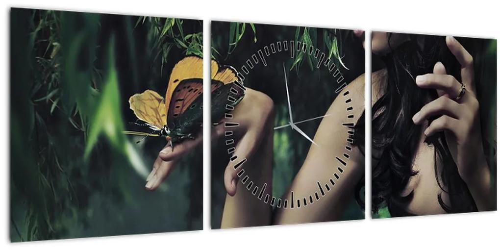 Obraz půvabné ženy s motýlem (s hodinami) (90x30 cm)
