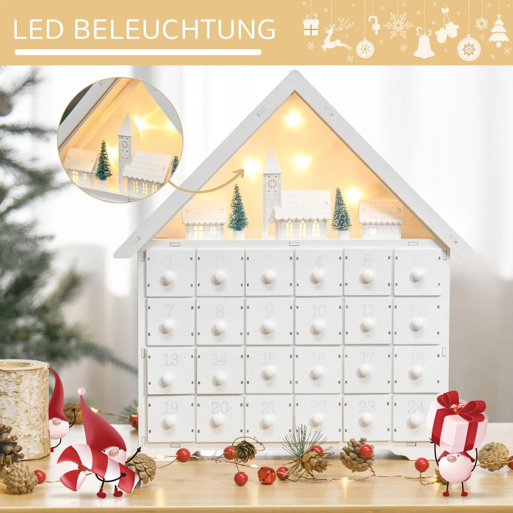 HOMCOM Adventní kalendář Vánoční dekorace, 24 zásuvek, LED světla, 39 cm x 9 cm x 42 cm, bílá + zelená 830-416