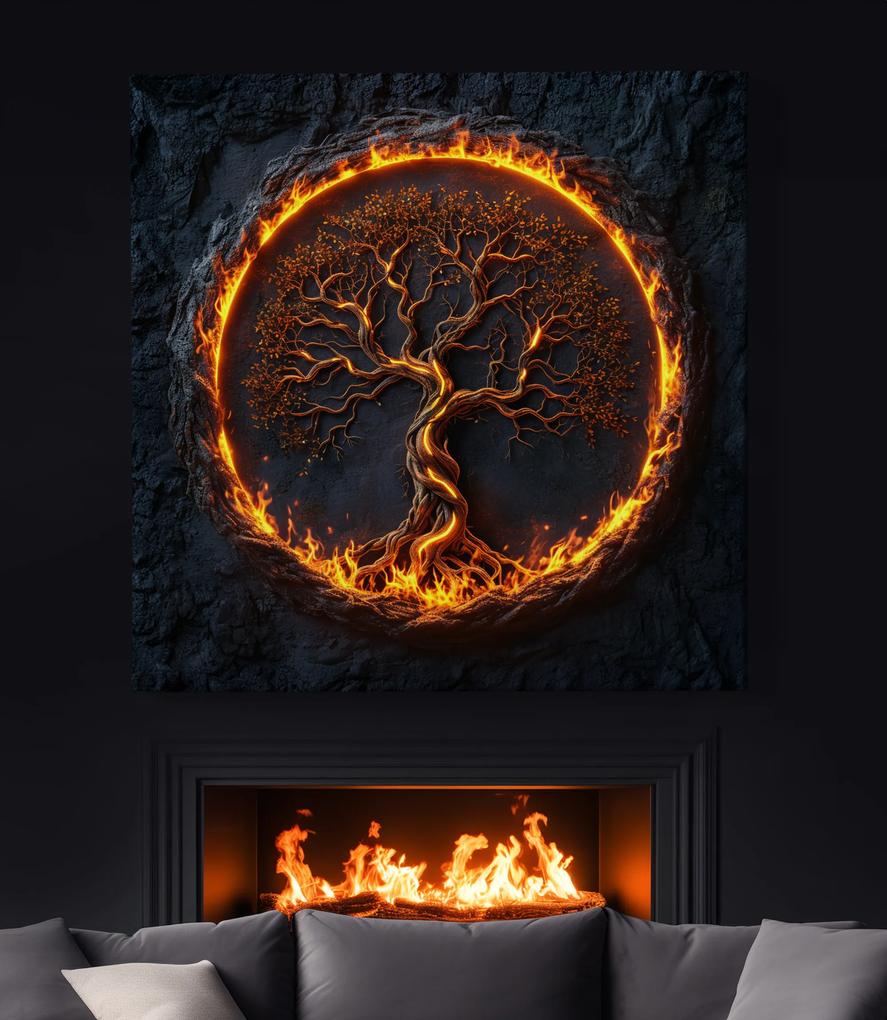 Obraz na plátně - Strom života v ohnivém kruhu Fuendo FeelHappy.cz Velikost obrazu: 140 x 140 cm