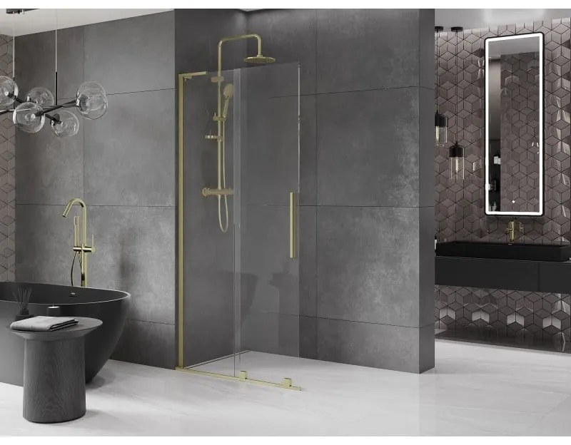 Mexen Velar L, posuvná sprchová zástěna Walk-in 100 x 200 cm, 8mm čiré sklo, zlatá matná, 871-100-003-03-55