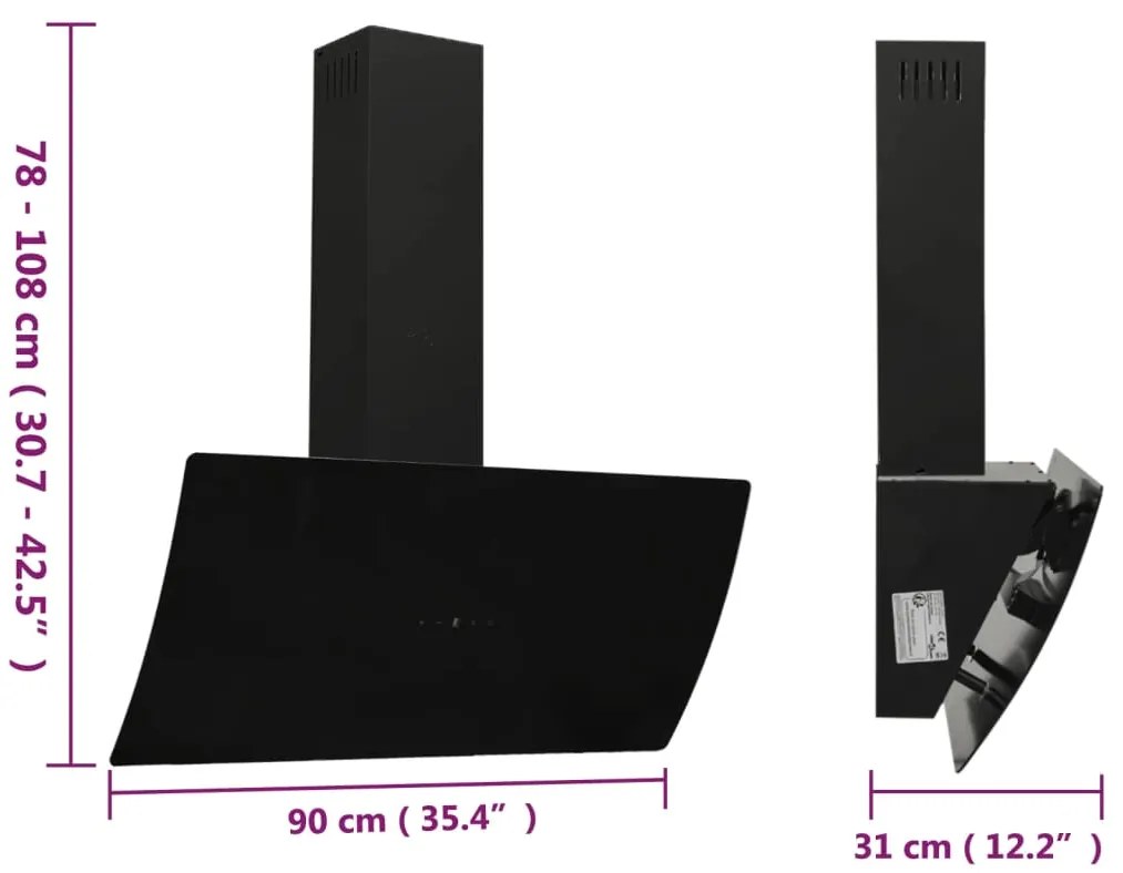 Nástěnná digestoř 90 cm ocel a tvrzené sklo černá