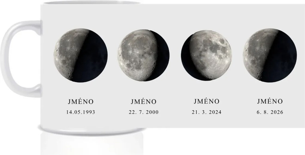 Personalizovaný klasický bílý hrníček 300 ml s měsíční fází rodiny (2-5 členů rodiny)