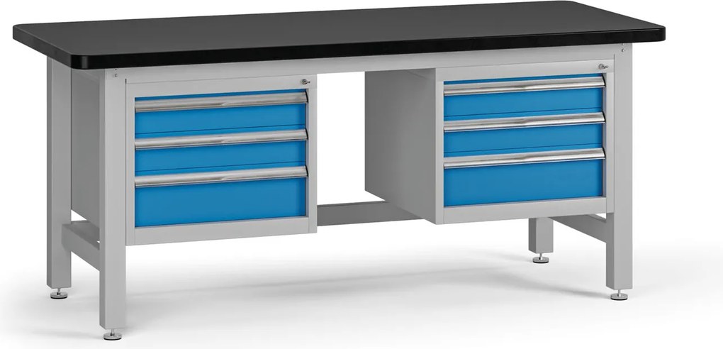 Profesionální dílenský stůl G4, 2x3 zásuvky, deska MDF + PVC, 1800 x 750 x 800 mm, modrá
