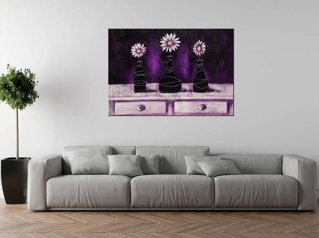 Gario Ručně malovaný obraz Kopretinové fialové trio Rozměry: 100 x 70 cm