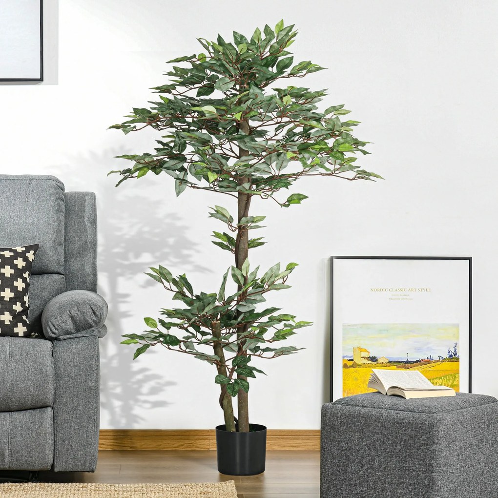 Outsunny Umělý Fikus 150 cm – Dekorativní Umělé Rostlina v Květináči pro Domov, Obývací Pokoj, Kancelář Ø15x150 cm Zelená