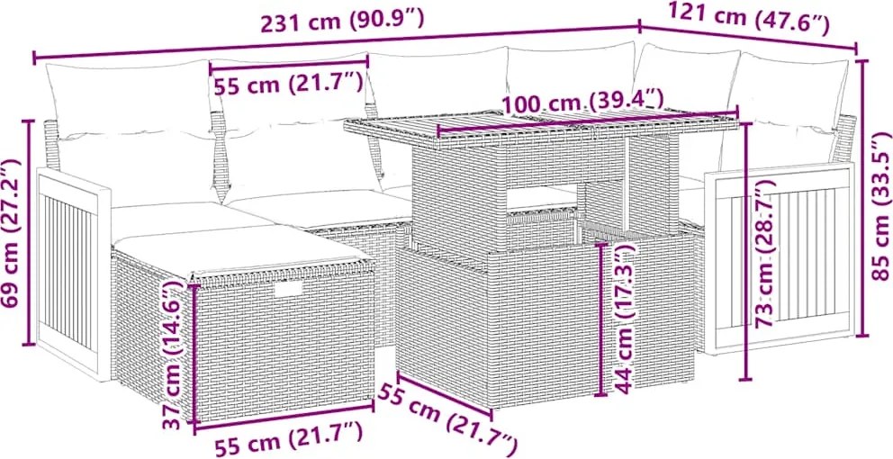 7dílná zahradní sedací souprava s poduškami béžová polyratan 3276250