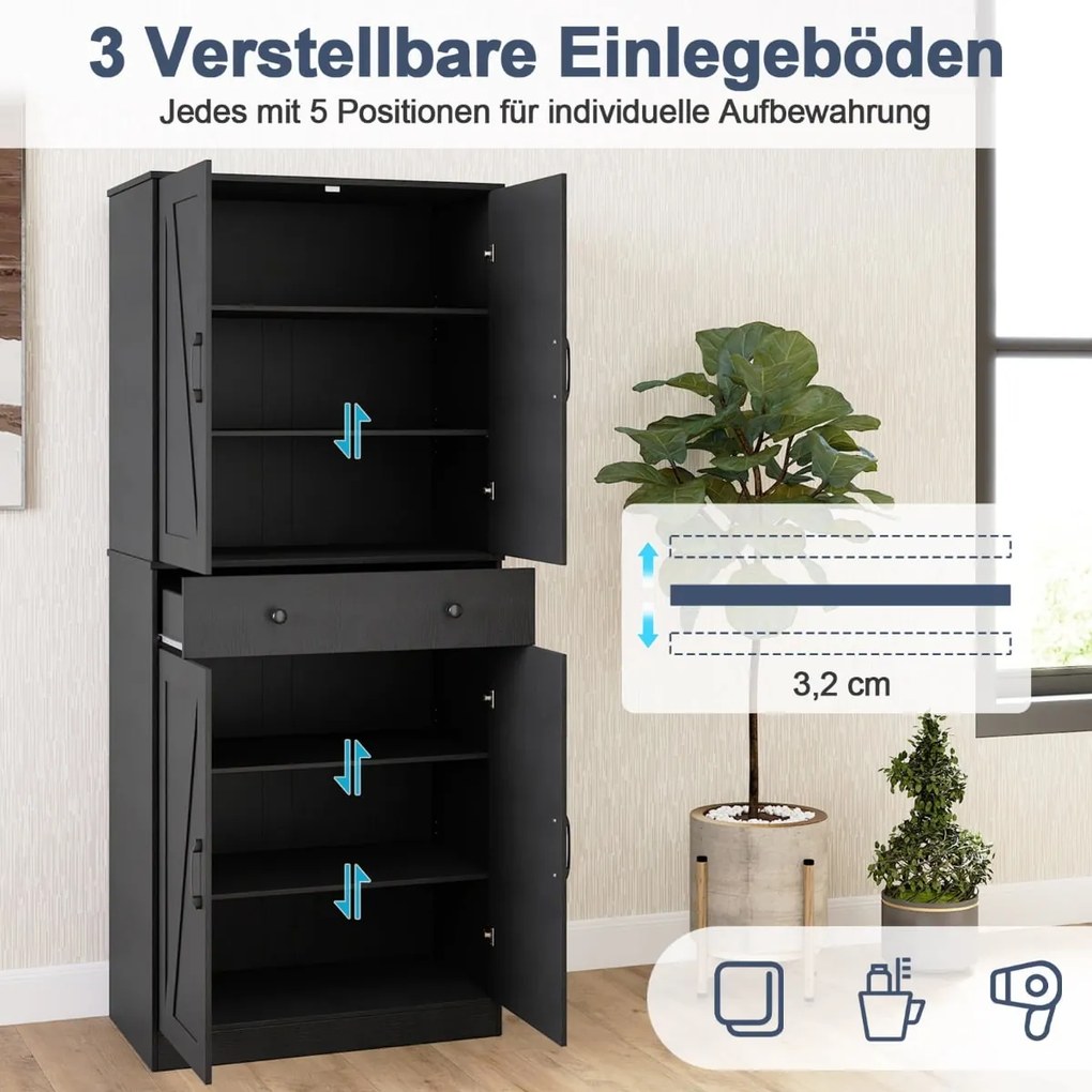 Costway Vysoká kuchyňská skříňka s 4 dvířky a zásuvkou a 3 nastavitelnými
