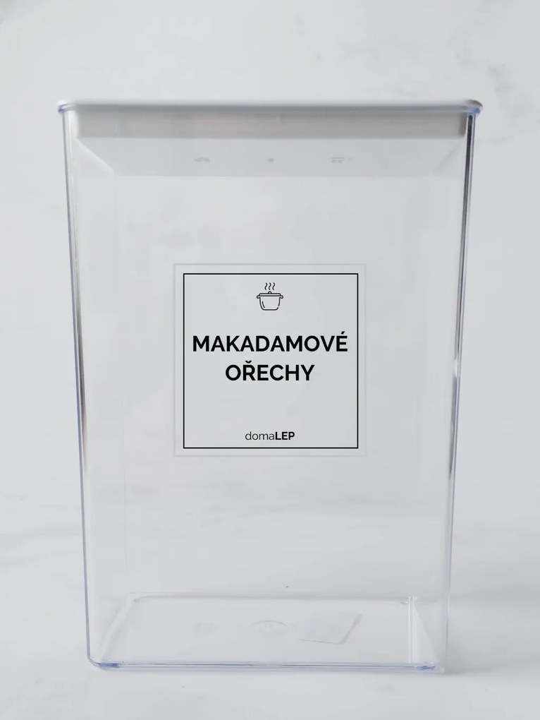MAKADAMOVÉ OŘECHY – průhledná samolepka na dózu, tučné písmo, 5 x 5 cm | DomaLEP
