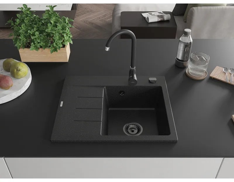 Mexen Ben, 1-komorový granitový dřez 600x500x190 mm, pravý + černý sifon, černá-stříbrná metalíza, 6523605000-73-B