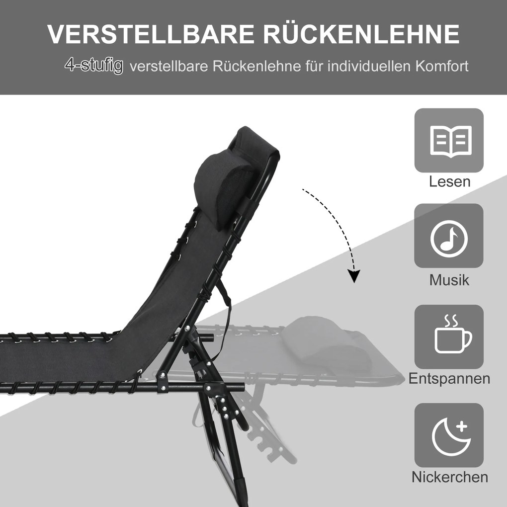 Skládací zahradní lehátko Outsunny Skládací lehátko se čtyřstupňovým nastavitelným opěradlem, ocel a síťovina, černé 197 x 58 x 30 cm |