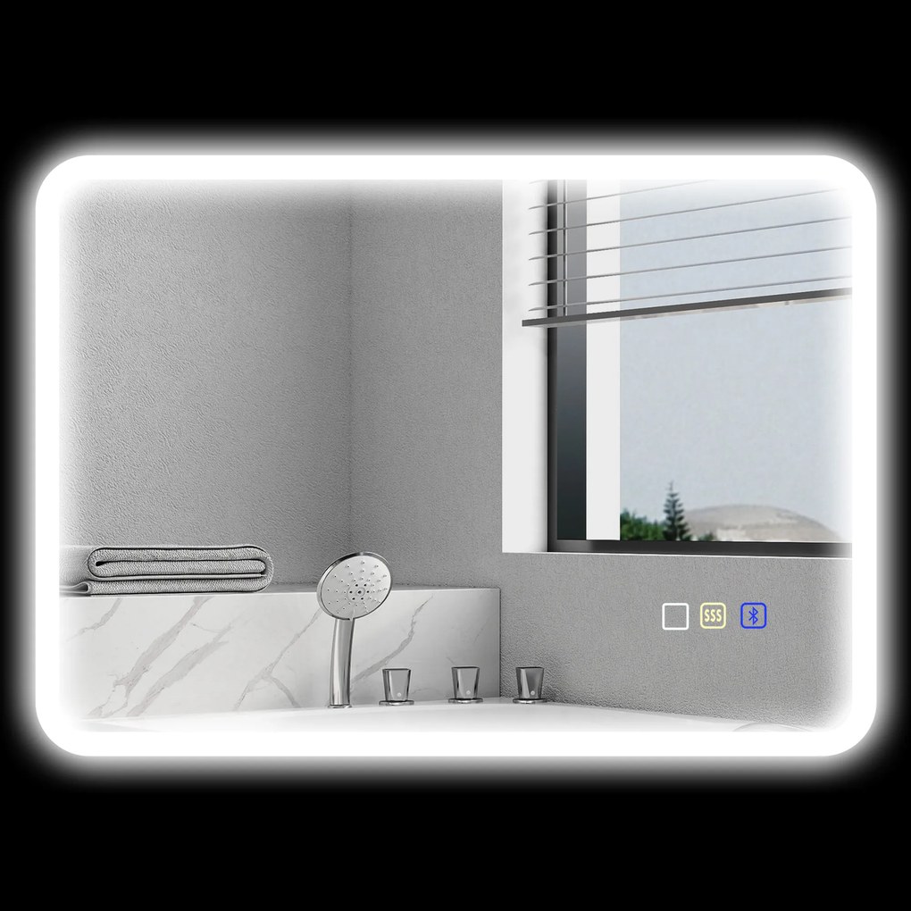 HOMCOM koupelnové zrcadlo LED Bluetooth 50 x 70 cm, dotykový spínač, nastavitelné světlo 3 barvy, proti zamlžení, paměť, stříbrné
