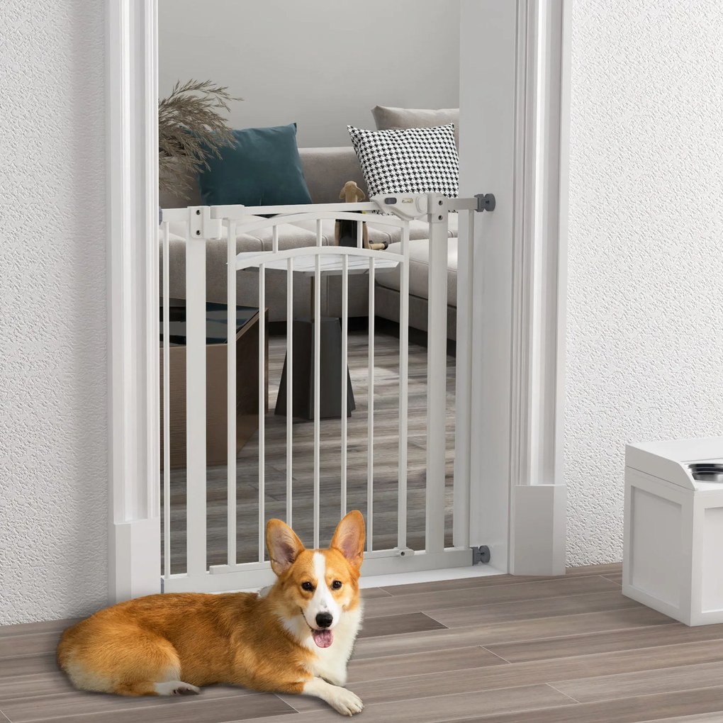 PawHut Rozšiřitelná bezpečnostní brána pro psy 74-80 cm, dvojité zamykání, automatické zavírání, tlaková montáž pro schody, výška 76 cm, bílá | Aosom