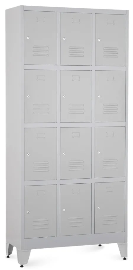 Kovová šatní skříňka - 12 boxů, 90 x 40 x 196,5 cm, nastavitelné nožky, cylindrický zámek, světle šedá - ral 7035