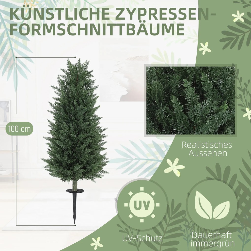 HOMCOM Umělý Cyprus 2-dílná Sada s Podporou do Země 100 cm Plastová Umělá Rostlina, Umělé Rostliny, Umělý Strom Jako Skvělá Dekorace pro Kancelář, Ob…