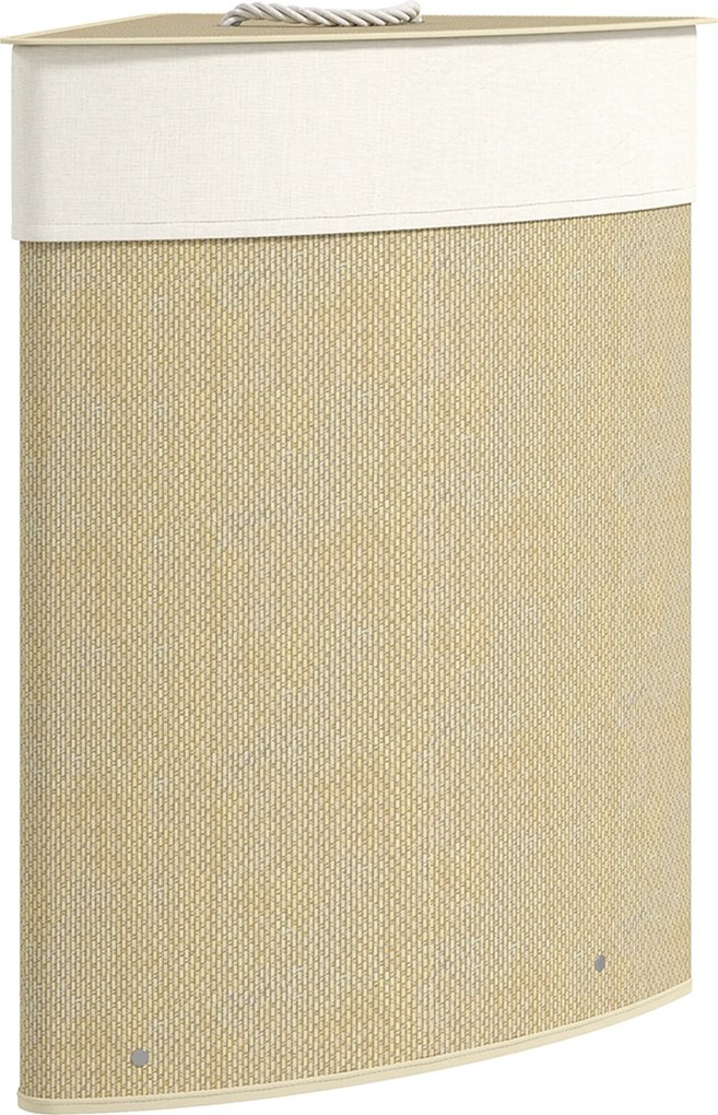 Koš na prádlo HOMCOM z bambusu, 55 l – trojúhelníkový rohový design s odnímatelnou pratelnou vložkou, víkem a madlem, 35 x 60 cm, přírodní