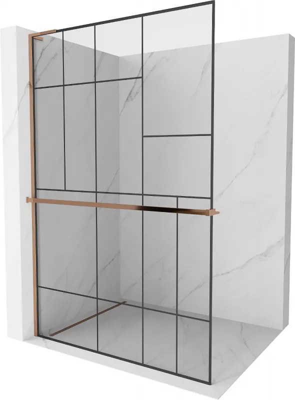 Mexen Kioto+ L, sprchová zástěna Walk-In s poličkou a věšákem 100 x 200 cm, 8mm čiré sklo černý vzor, růžové zlato profil, 800-100-123-60-78