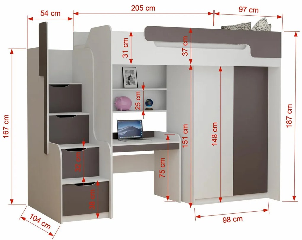 Multifunkční patrová postel Dori s psacím stolem a skříní, lamino bílá
