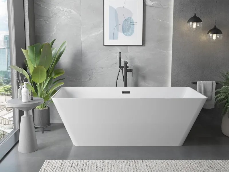 Mexen Velo Slim, volně stojící vana 170 × 75 cm, bílá lesklá, černý přepad, 52811707500-70