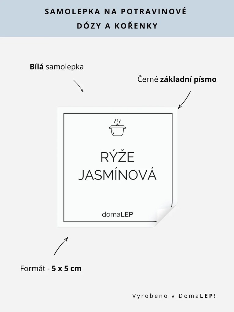 RÝŽE JASMÍNOVÁ– bílá samolepka na dózu, základní písmo, 5 x 5 cm | DomaLEP