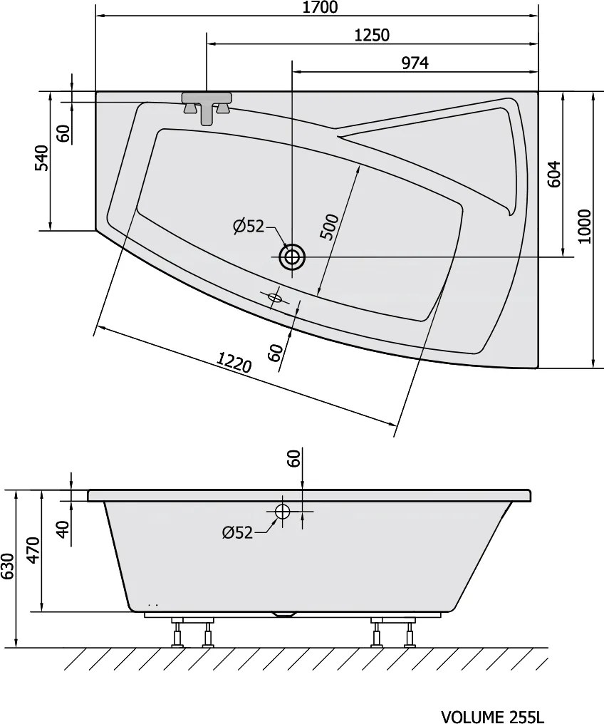 Polysan, EVIA R asymetrická vana 170x100x47cm, bílá, 22611