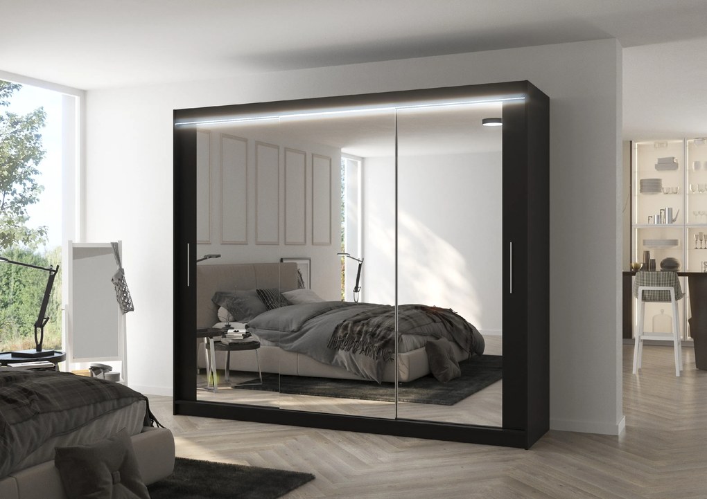 ADRK Furniture Posuvná skříň se zrcadlem a LED osvětlením CHESTER 250 SW-CHE-B-250+L-V377