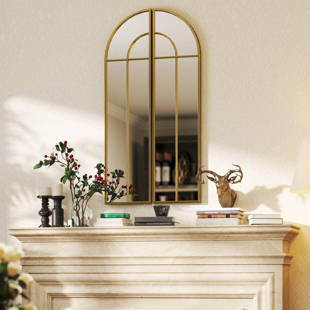 HOMCOM Dekorativní Zrcadlo na Zeď 2 Kusy 30x120 cm Okno se Zakřiveným Designem a Kovovým Rámem pro Obývací Pokoj, Ložnici a Vstup Gold