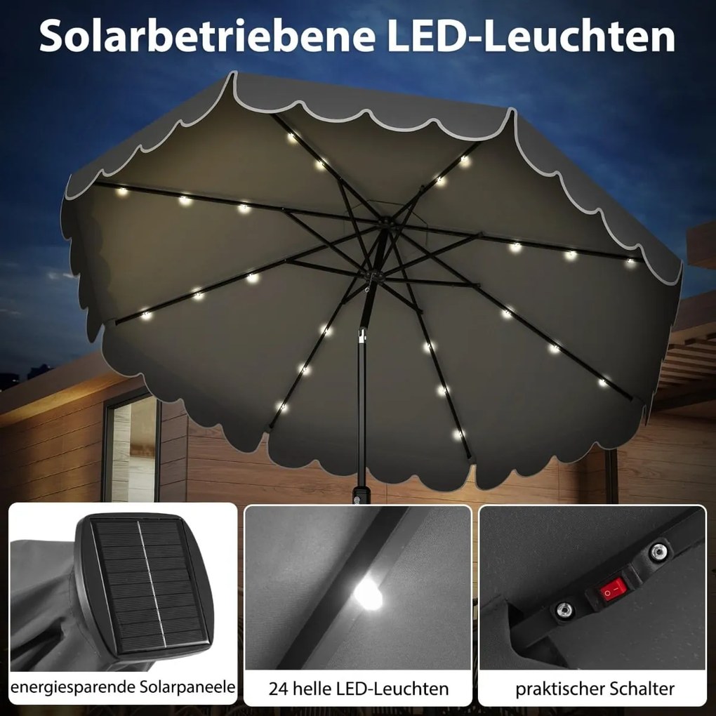Costway 300 cm slunečník s LED osvětlením a klikou a záclonkou market, šedá