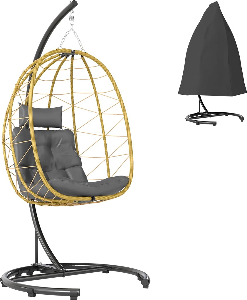 Závěsné Křeslo Outsunny do 150 kg s Skládacím Košem a Polstry, Zahradní Houpací Křeslo z Oceli a PE Rattanu, 102x102x195 cm, Černá, Šedá a Béžová | Ao