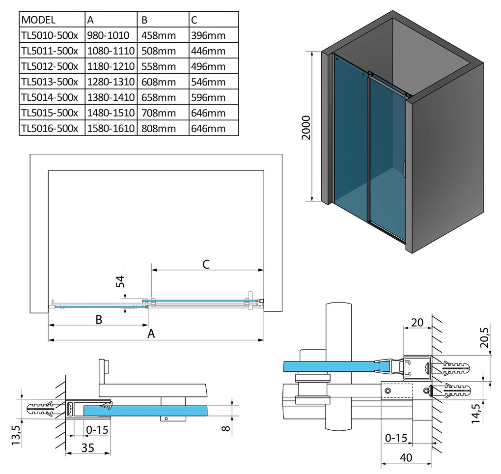 Polysan THRON LINE SQUARE sprchové dveře 1500 mm, hranaté pojezdy, čiré sklo TL5015-5002