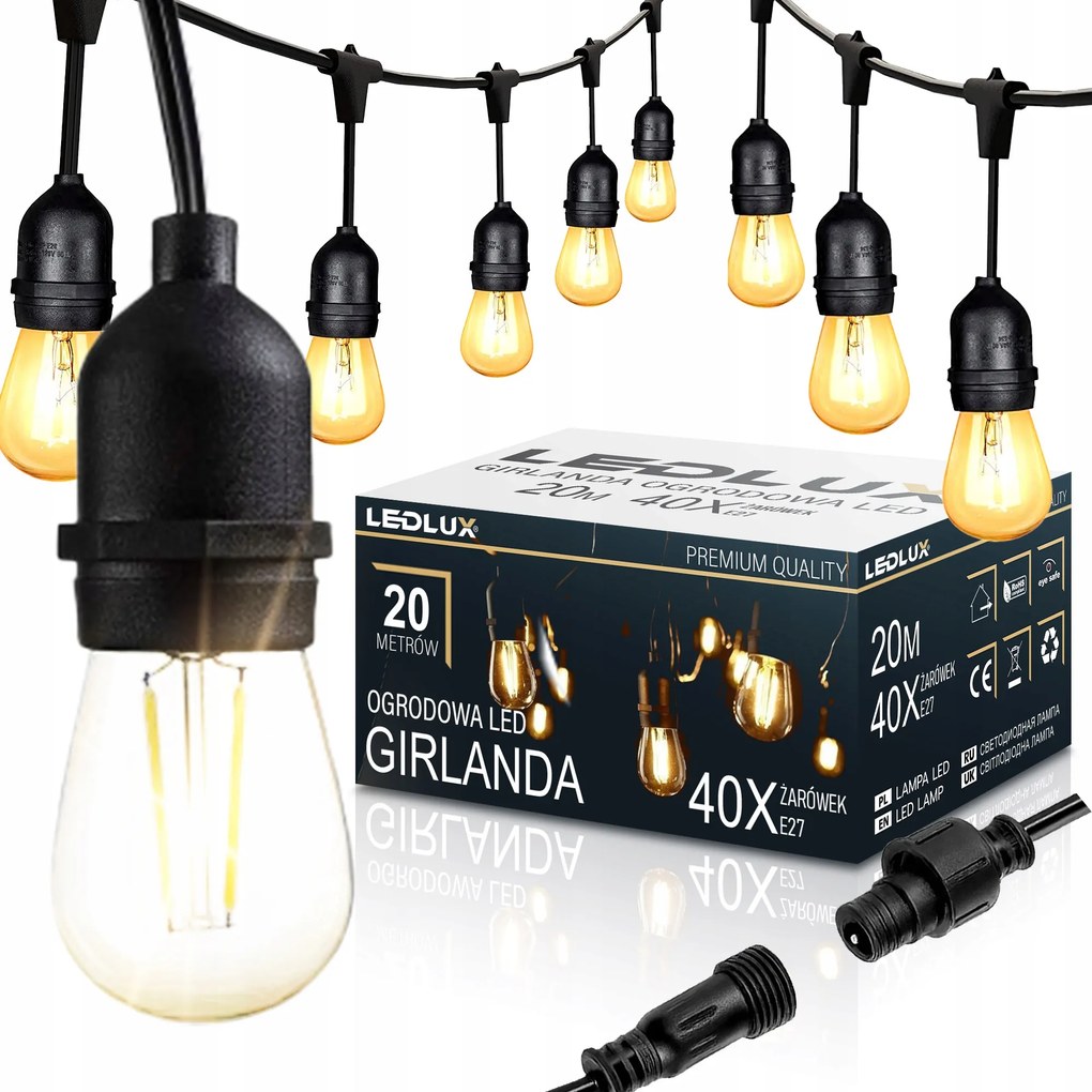 Led světelná zahradní Girlanda 1W 20 m 40xE27 lampa